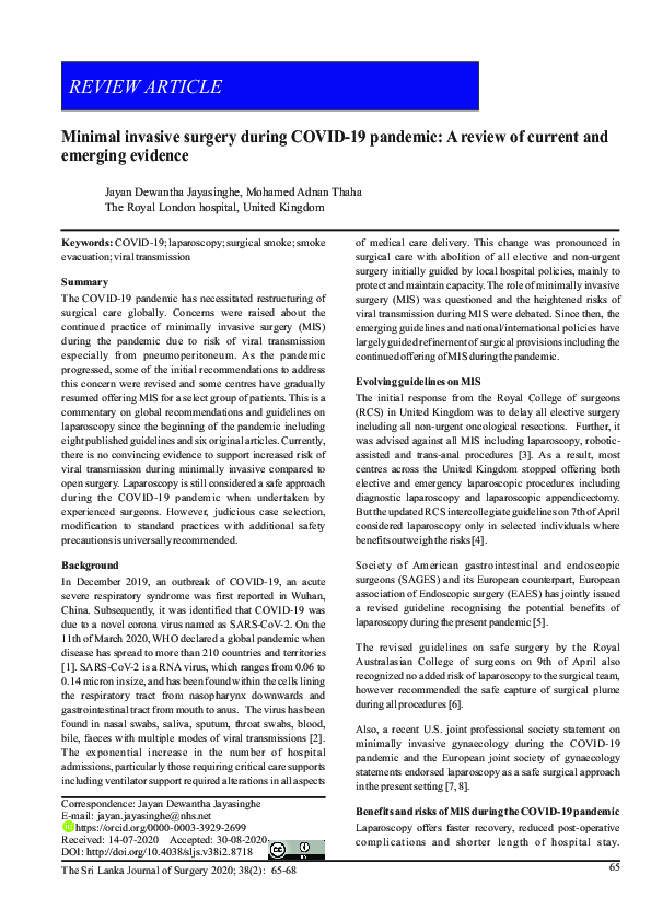(PDF) Minimal invasive surgery during COVID-19 pandemic: A review of ...
