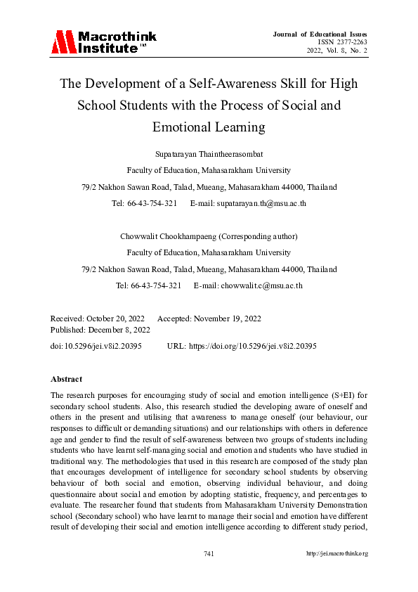 (PDF) The Development of a Self-Awareness Skill for High School ...