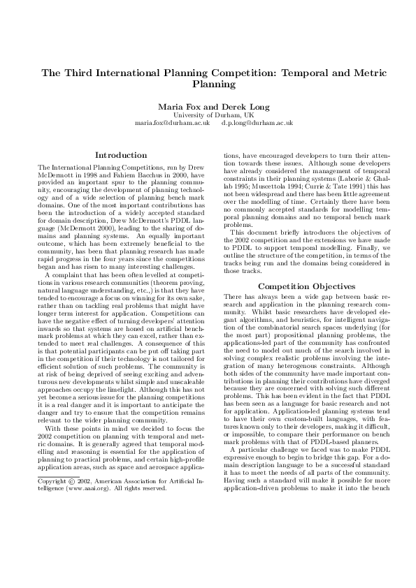(PDF) The third international planning competition: Temporal and metric planning