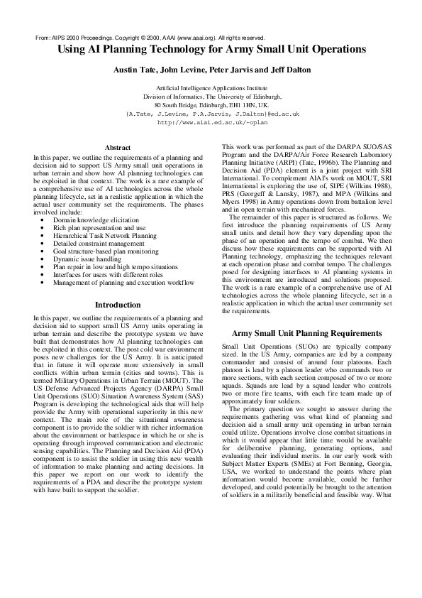 (PDF) Using AI planning technology for army small unit operations