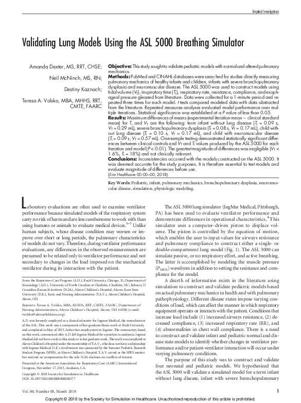 (PDF) Validating Lung Models Using the ASL 5000 Breathing Simulator