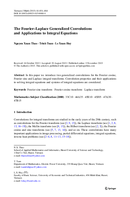 (PDF) The Fourier–Laplace Generalized Convolutions and Applications to Integral Equations