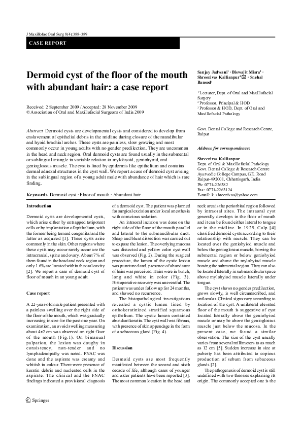 Pdf Dermoid Cyst Of The Floor Of The Mouth With Abundant Hair A Case Report Snehal Bansod