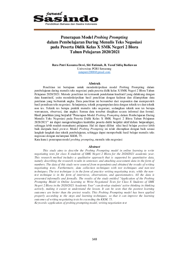 (PDF) Penerapan Model Probing Prompting dalam Pembelajaran Daring Menulis Teks Negosiasi pada ...