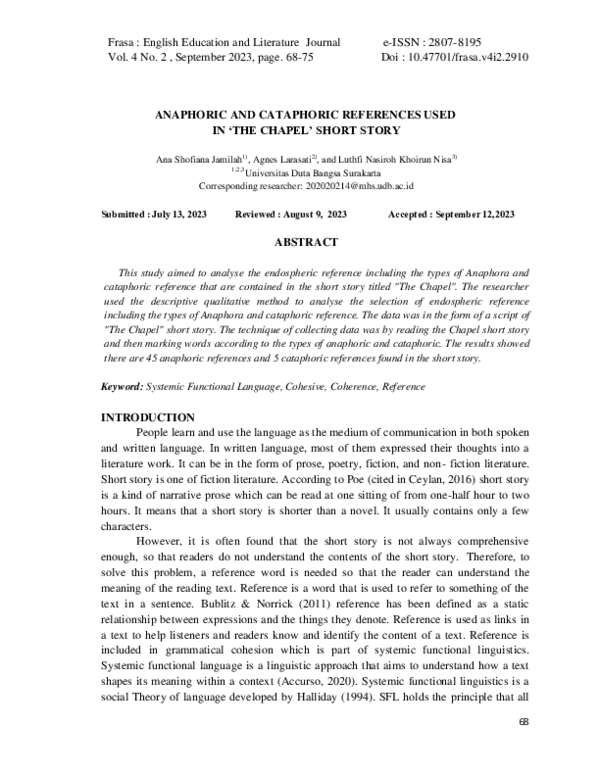 (PDF) Anaphoric and Cataphoric References Used in the Chapel Short Story