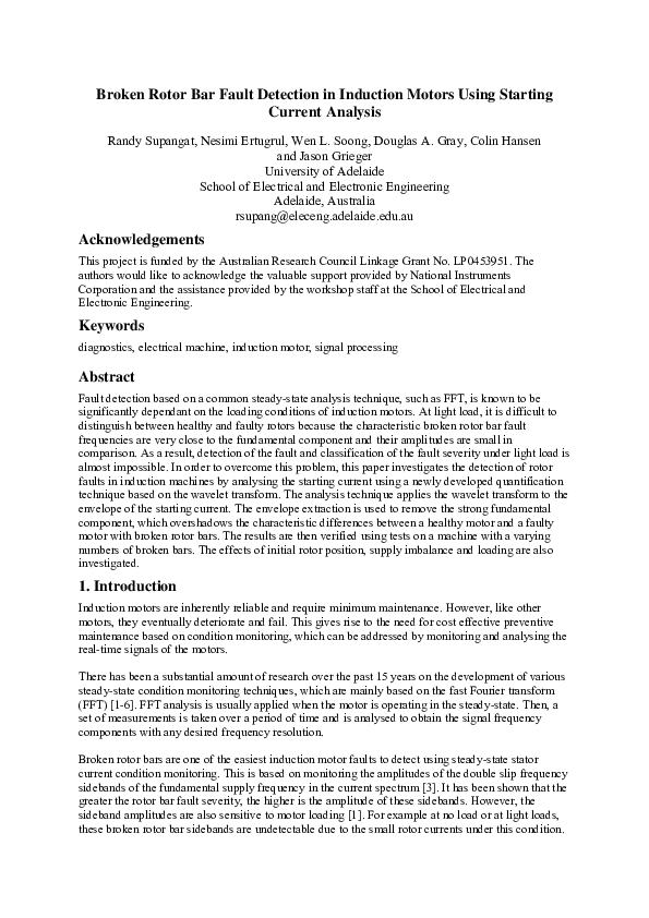 (PDF) Broken rotor bar fault detection in induction motors using starting current analysis