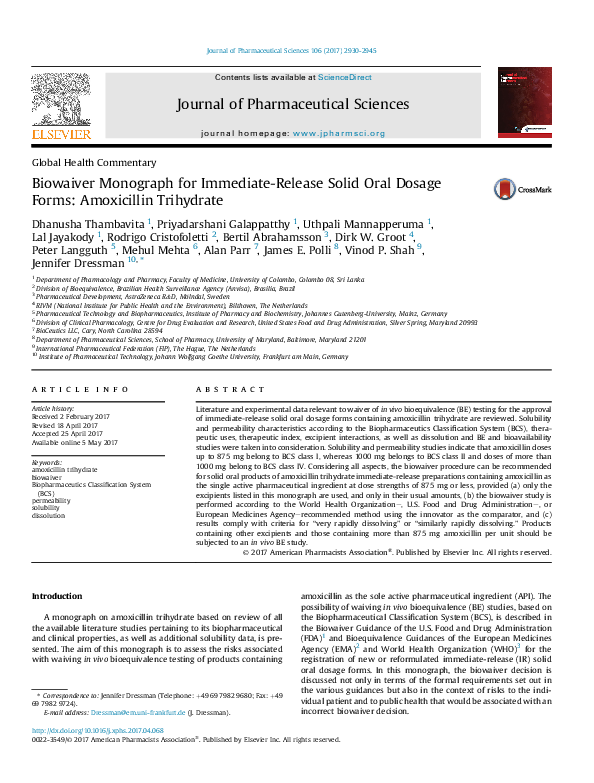 (PDF) Biowaiver Monograph for Immediate-Release Solid Oral Dosage Forms ...