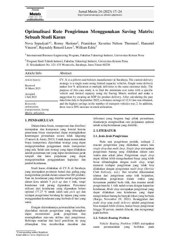Pdf Optimalisasi Rute Pengiriman Dengan Meminimasi Jarak Menggunakan Saving Matrix Sebuah