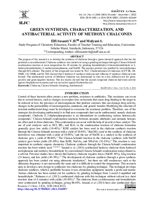 (PDF) Green Synthesis, Characterization, and Antibacterial Activity of Methoxy Chalcones