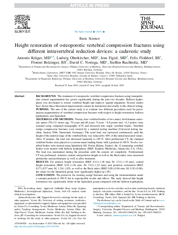 (PDF) Height restoration of osteoporotic vertebral compression fractures using different ...