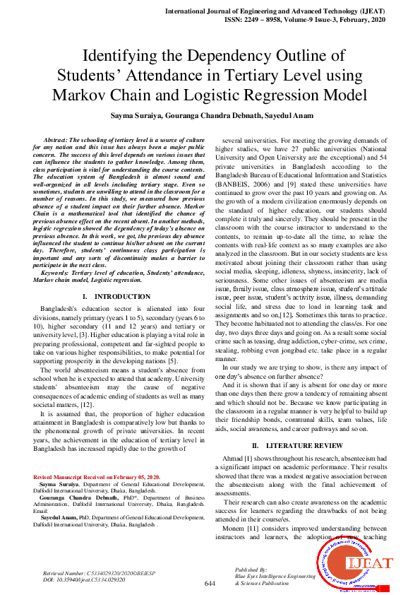 (PDF) Identifying the Dependency Outline of Students’ Attendance in Tertiary Level using Markov ...