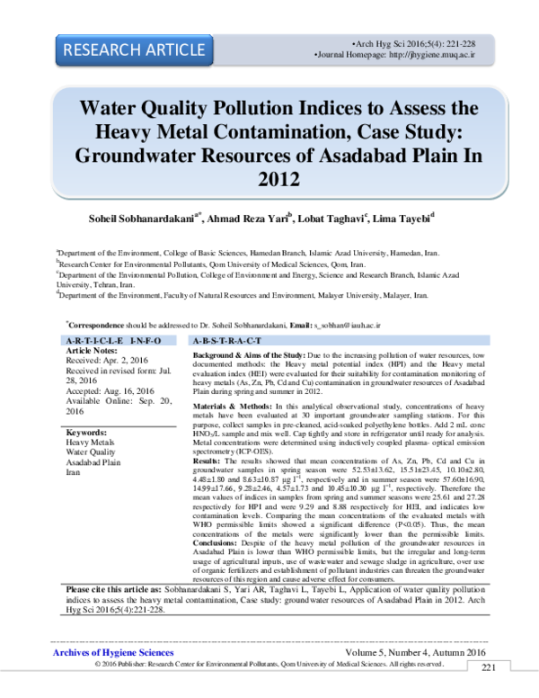 (PDF) Water Quality Pollution Indices to Assess the Heavy Metal ...