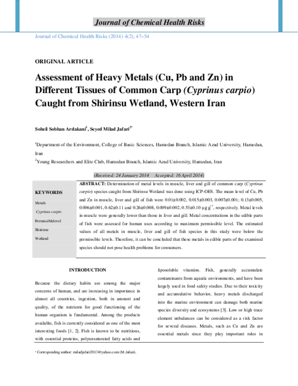 (PDF) Assessment of Heavy Metals (Cu, Pb and Zn) in different tissues of common carp (Cyprinus ...