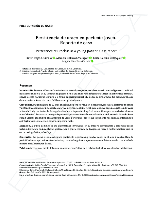(PDF) Persistencia de uraco en paciente joven. Reporte de caso | Kevin ...