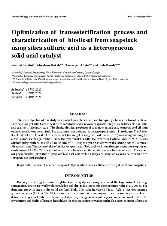 (PDF) Optimization of Trans-esterification Process and Characterization of Biodiesel from ...