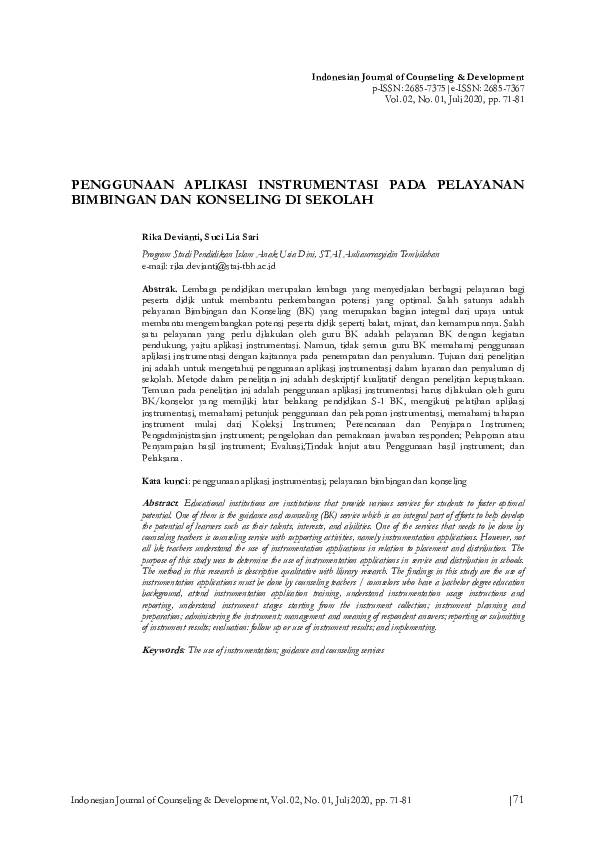 (PDF) Penggunaan Aplikasi Instrumentasi pada Pelayanan Bimbingan dan Konseling di Sekolah