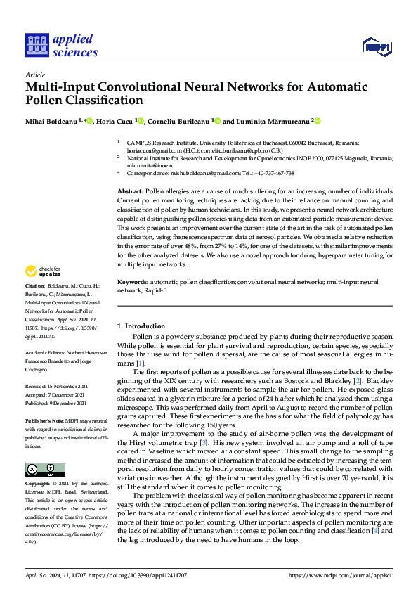 Pdf Multi Input Convolutional Neural Networks For Automatic Pollen Classification