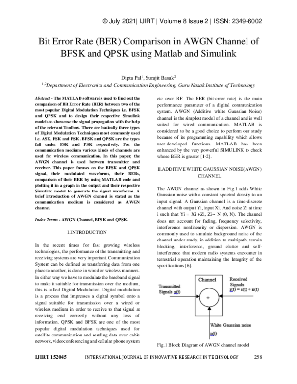 (PDF) Bit Error Rate (Ber) Comparison in Awgn Channel of BFSK and QPSK Using Matlab and Simulink