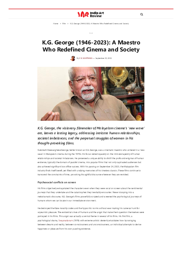 (PDF) K.G. George(1946-2023) Remembering a Maestro