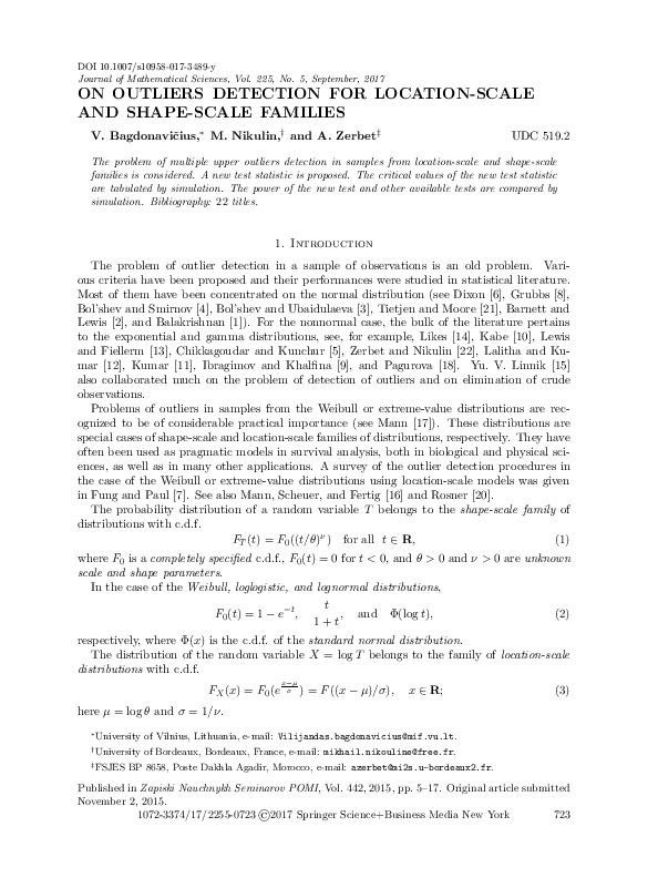(PDF) On Outliers Detection for Location-Scale and Shape-Scale Families | Vilijandas ...