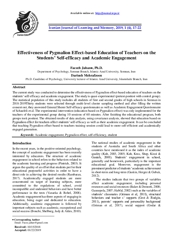 (PDF) Effectiveness of Pygmalion Effect-based Education of Teachers on ...