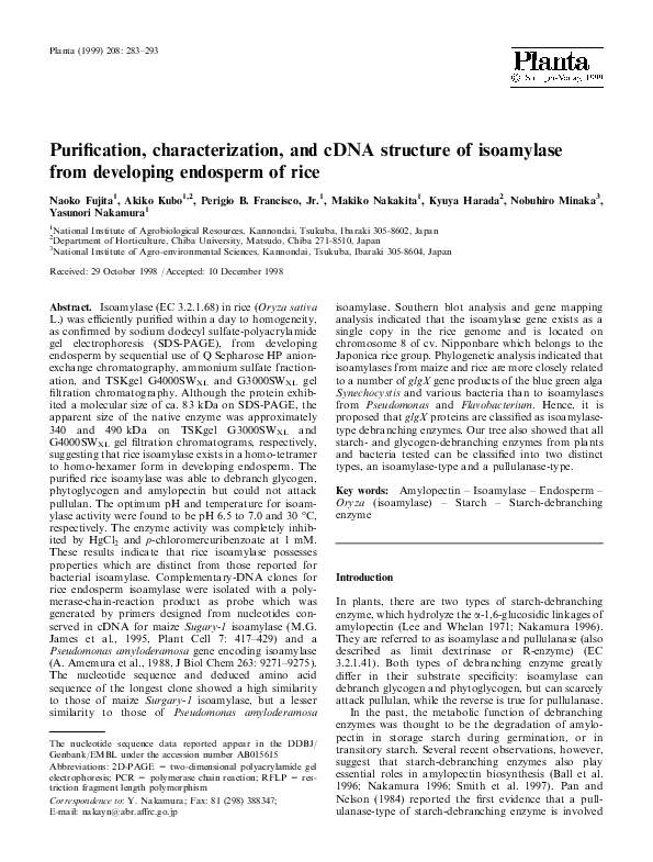 (PDF) Purification, characterization, and cDNA structure of isoamylase from developing endosperm ...