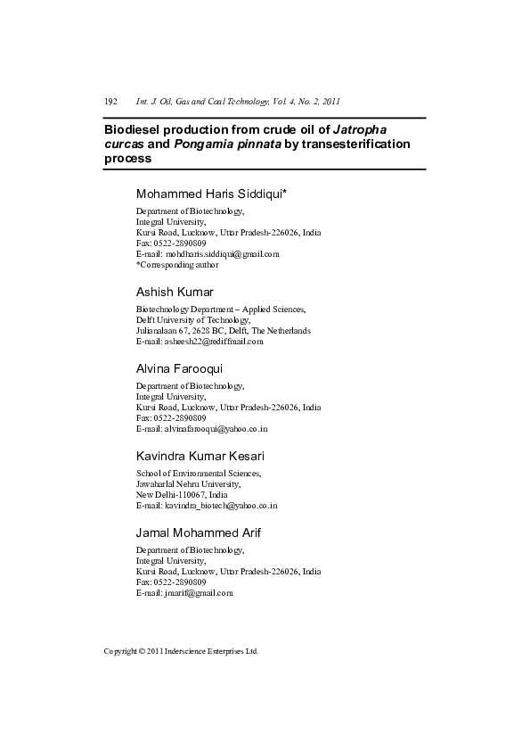 (PDF) Biodiesel production from crude oil of Jatropha curcas and ...