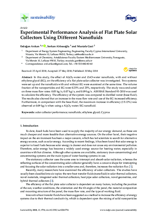 (PDF) Experimental Performance Analysis of Flat Plate Solar Collectors Using Different Nanofluids