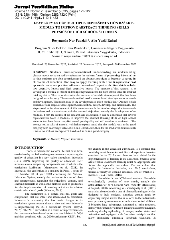 (PDF) Development of Multiple Representation Based E-Moduls to Improve Abstract Thinking Skills ...