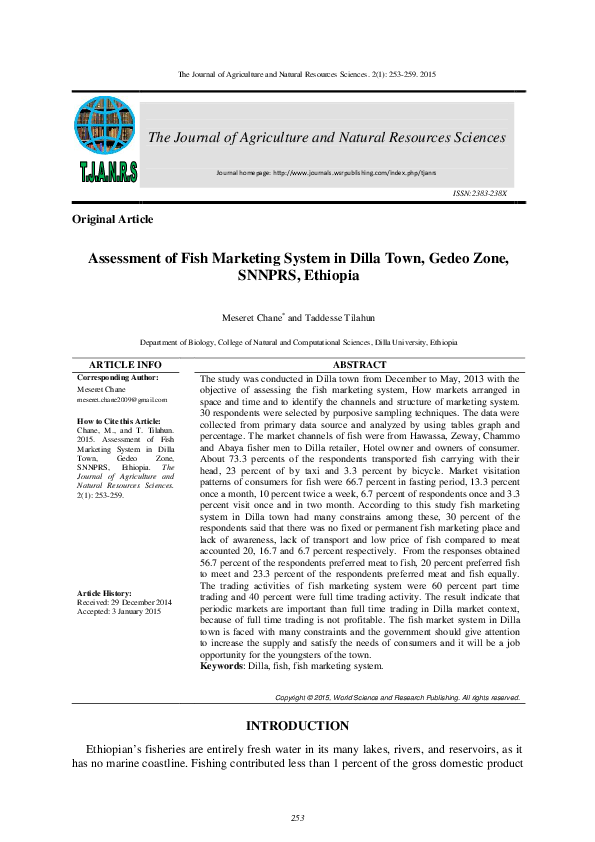 (PDF) Assessment of Fish Marketing System in Dilla Town, Gedeo Zone ...