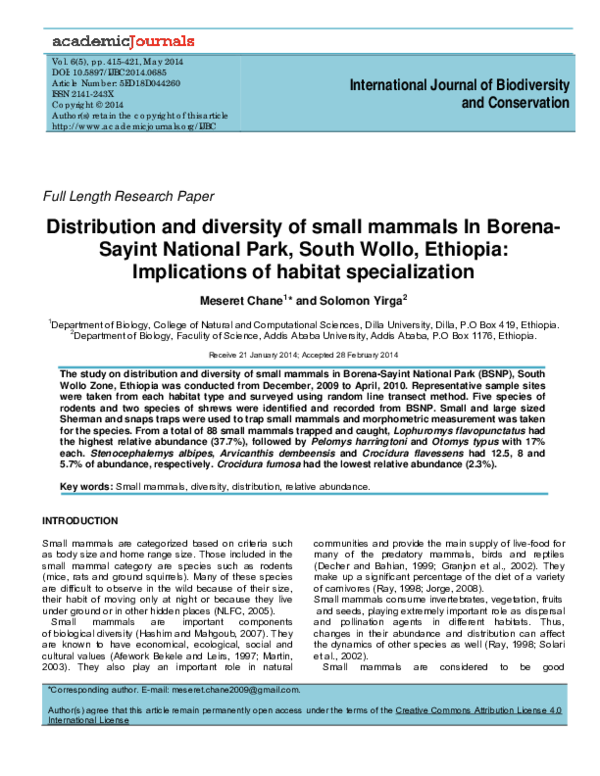 (PDF) Distribution and diversity of small mammals In Borena-Sayint ...