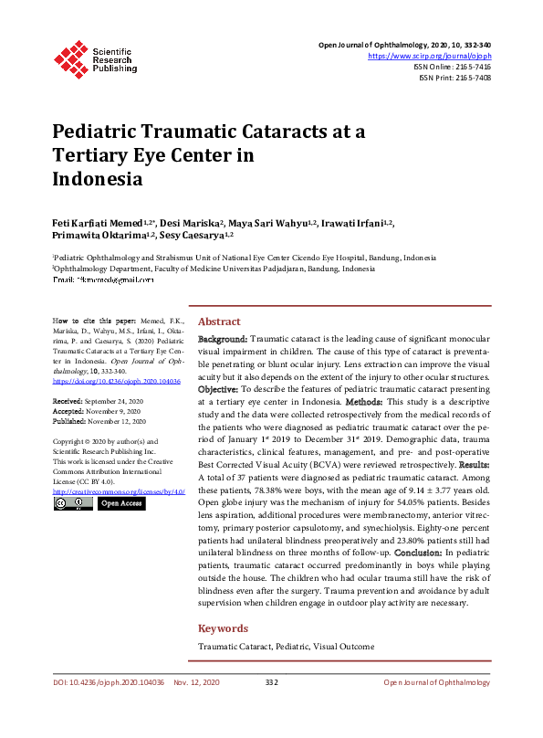 (PDF) Pediatric Traumatic Cataracts at a Tertiary Eye Center in Indonesia