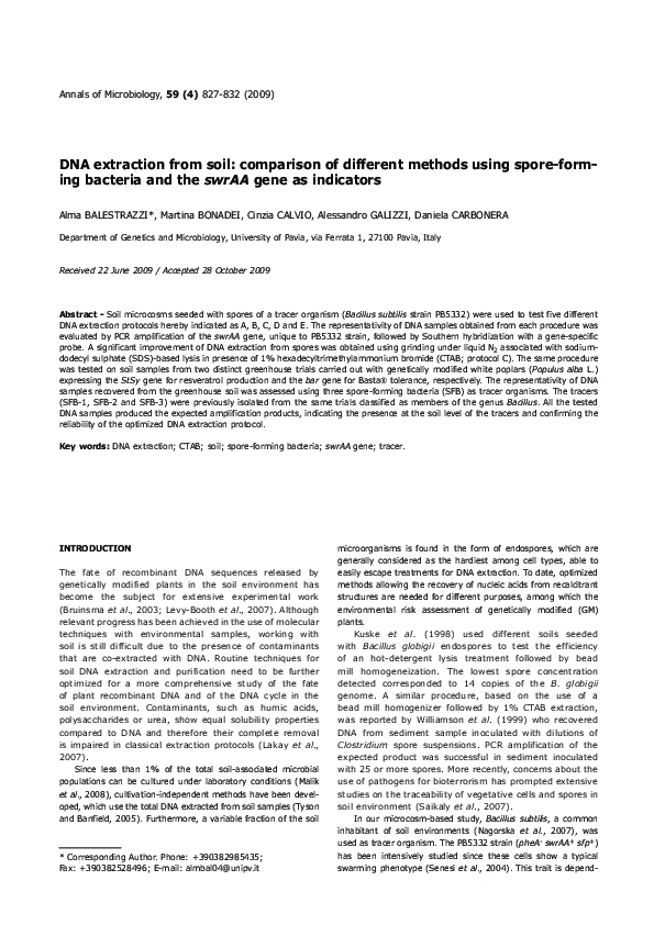 (PDF) DNA extraction from soil: comparison of different methods using ...