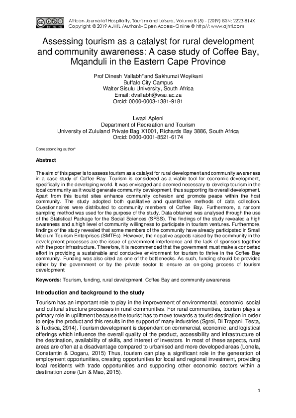 (PDF) Assessing tourism as a catalyst for rural development and community awareness: A case ...