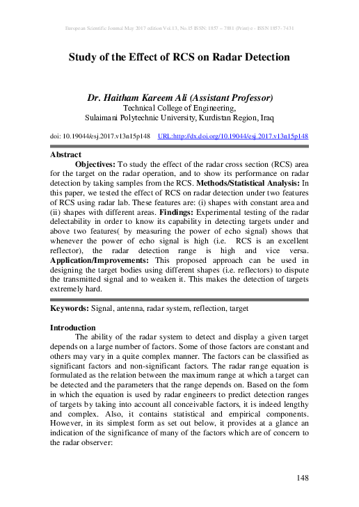 (PDF) Study of the Effect of RCS on Radar Detection