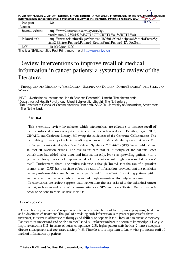 (PDF) Interventions to improve recall of medical information in cancer ...