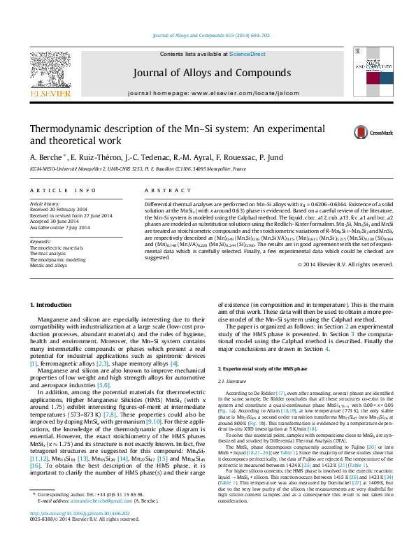(PDF) Thermodynamic description of the Mn–Si system: An experimental and theoretical work