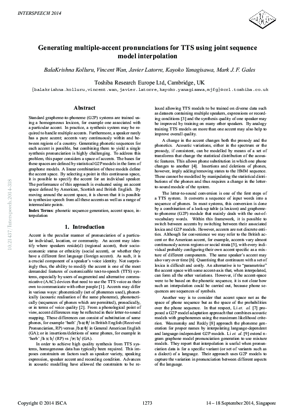 Pdf Generating Multiple Accent Pronunciations For Tts Using Joint Sequence Model Interpolation