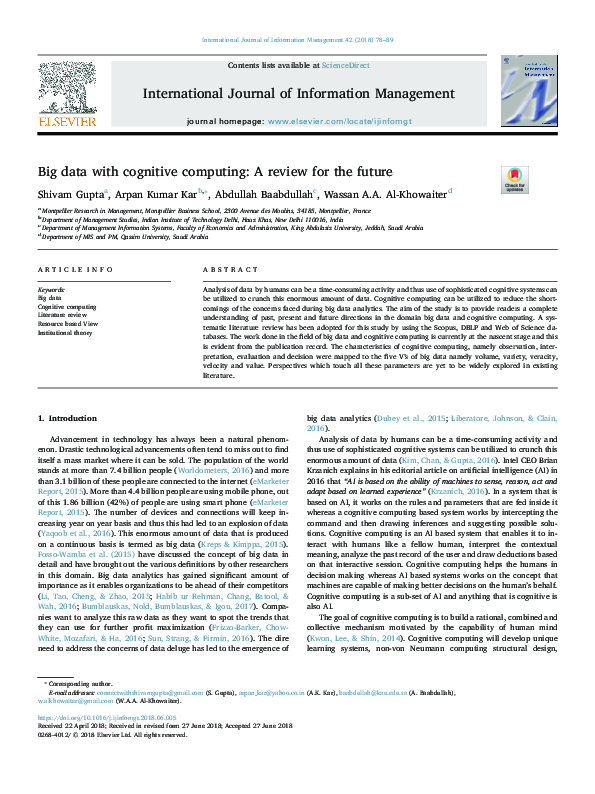 (PDF) Big data with cognitive computing: A review for the future