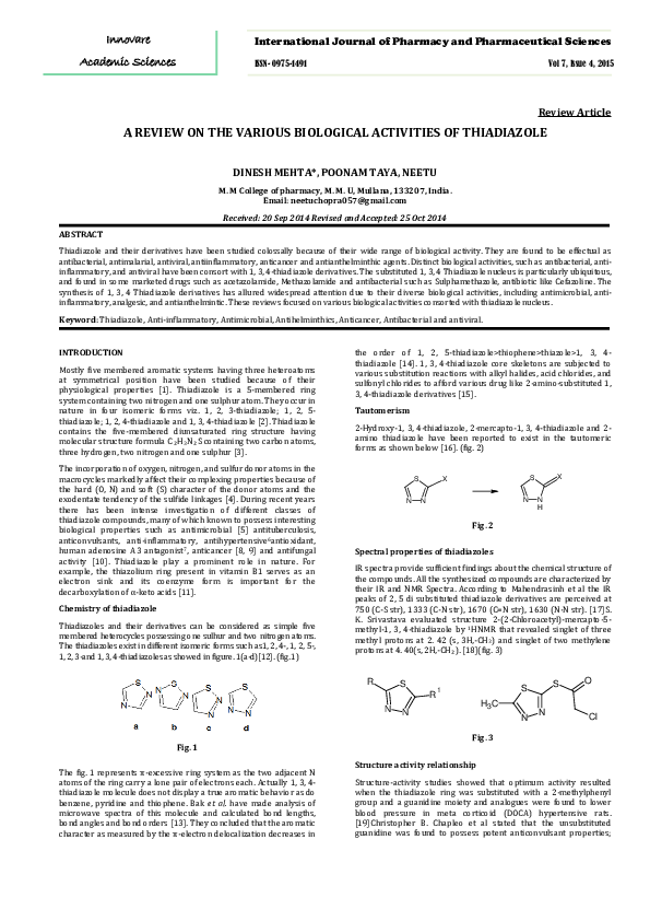 (PDF) A REVIEW ON THE VARIOUS BIOLOGICAL ACTIVITIES OF THIADIAZOLE Review Article