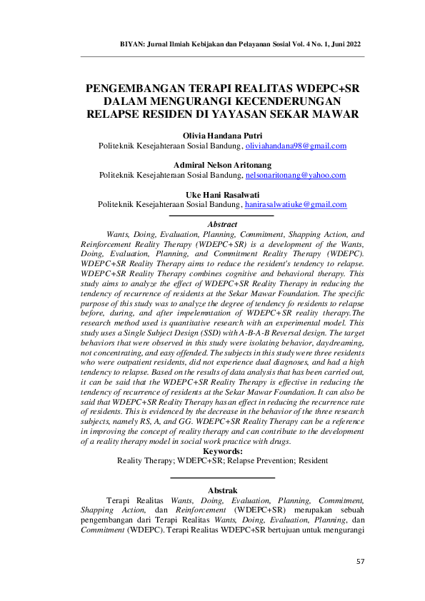 (PDF) Pengembangan Terapi Realitas Wdepc+SR Dalam Mengurangi Kecenderungan Relapse Residen DI ...