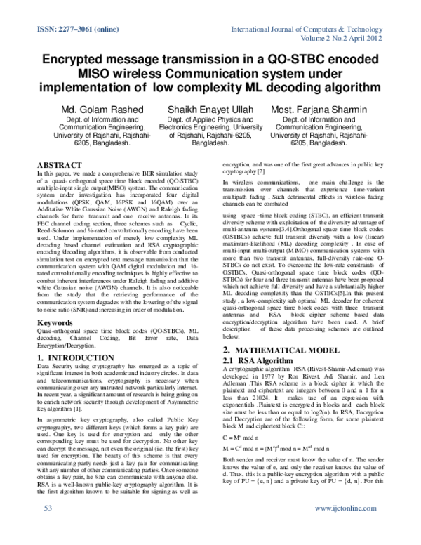 (PDF) Encrypted message transmission in a QO-STBC encoded MISO wireless Communication system ...