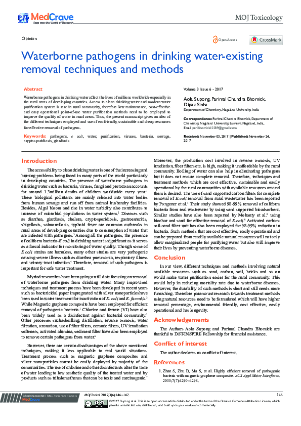 Pdf Waterborne Pathogens In Drinking Water Existing Removal Techniques And Methods