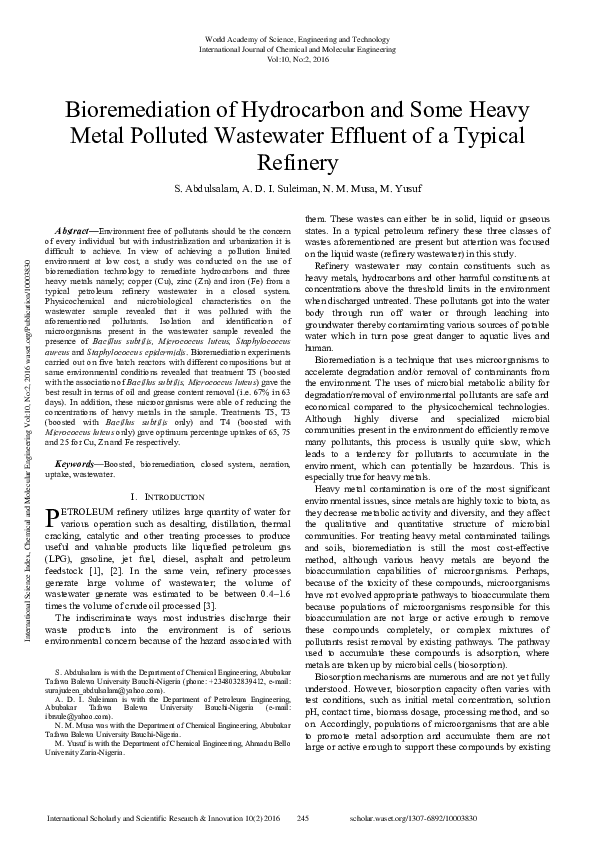(PDF) Bioremediation Of Hydrocarbon And Some Heavy Metal Polluted Wastewater Effluent Of A ...