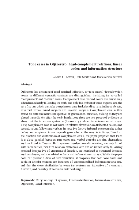 (PDF) Tone cases in Otjiherero: head-complement relations, linear order ...