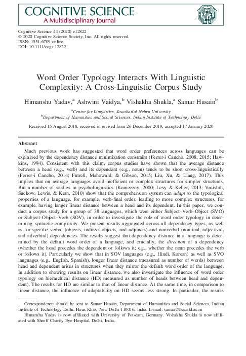 Pdf Word Order Typology Interacts With Linguistic Complexity A Cross