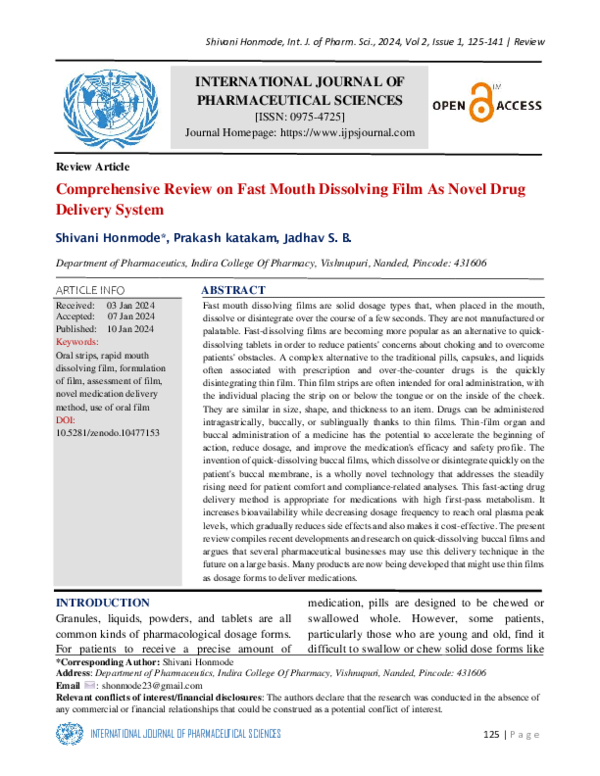 (PDF) Comprehensive Review on Fast Mouth Dissolving Film As Novel Drug ...