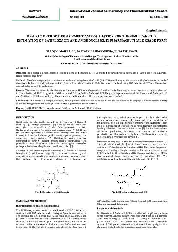 (PDF) RP-HPLC METHOD DEVELOPMENT AND VALIDATION FOR THE SIMULTANEOUS ESTIMATION OF GATIFLOXACIN ...