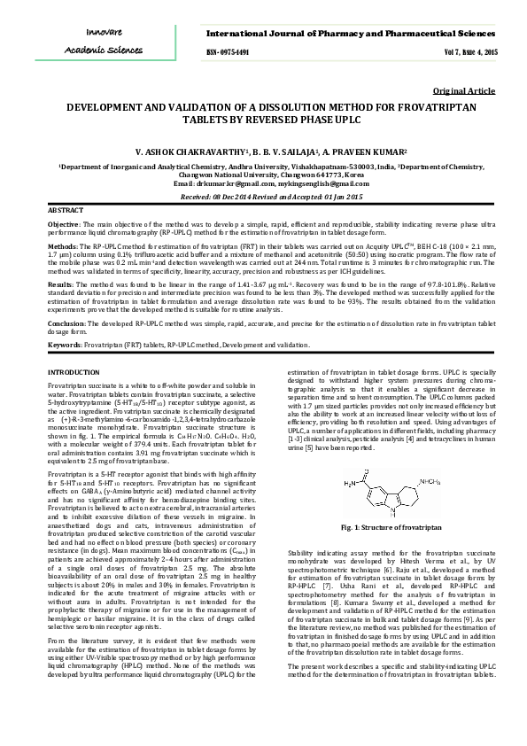 (PDF) DEVELOPMENT AND VALIDATION OF A DISSOLUTION METHOD FOR FROVATRIPTAN TABLETS BY REVERSED ...
