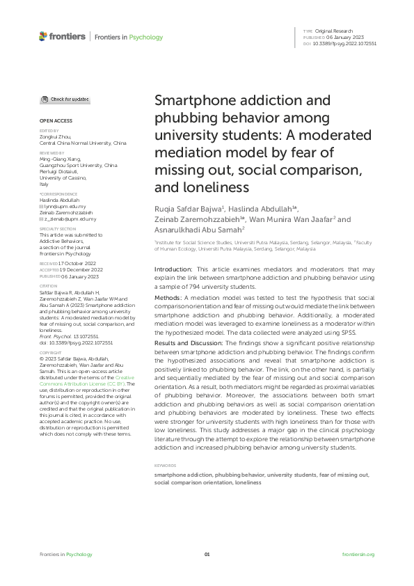 (PDF) Smartphone addiction and phubbing behavior among university students: A moderated ...